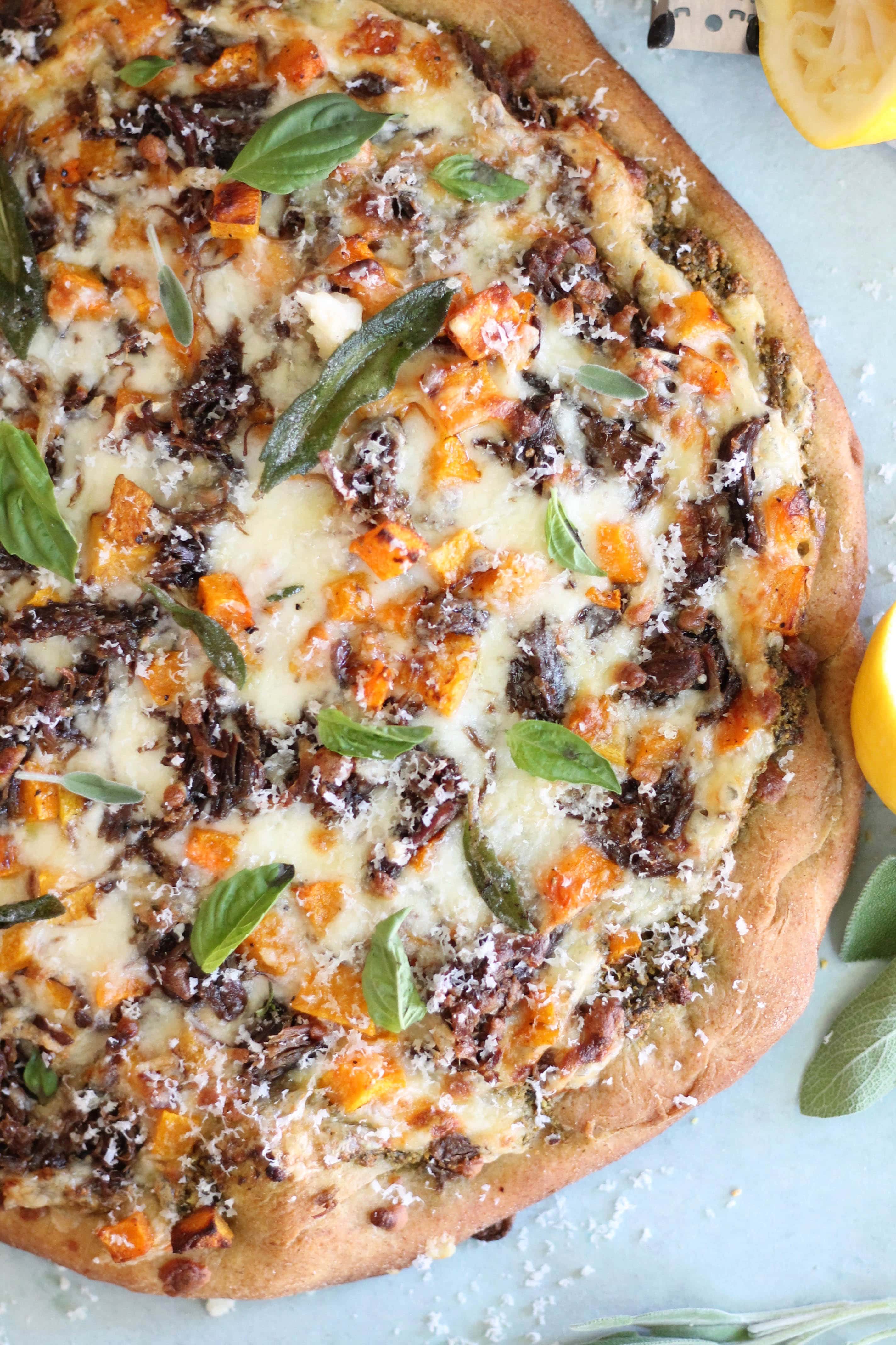 Short Rib Butternut Squash Pizza With Sage Pistachio Pesto And Fontina