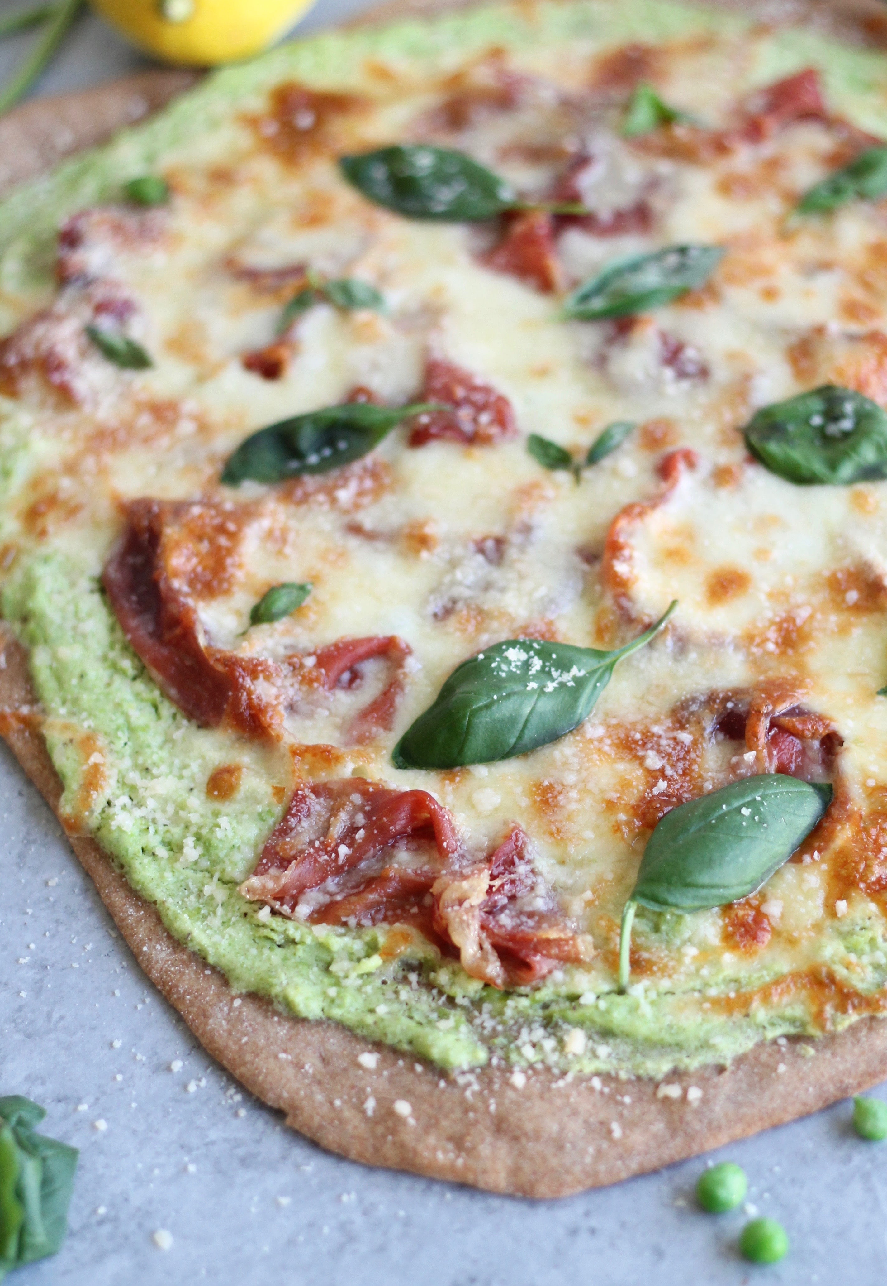 Spring Thin Crust Pizza with Pea Lemon Ricotta and Prosciutto